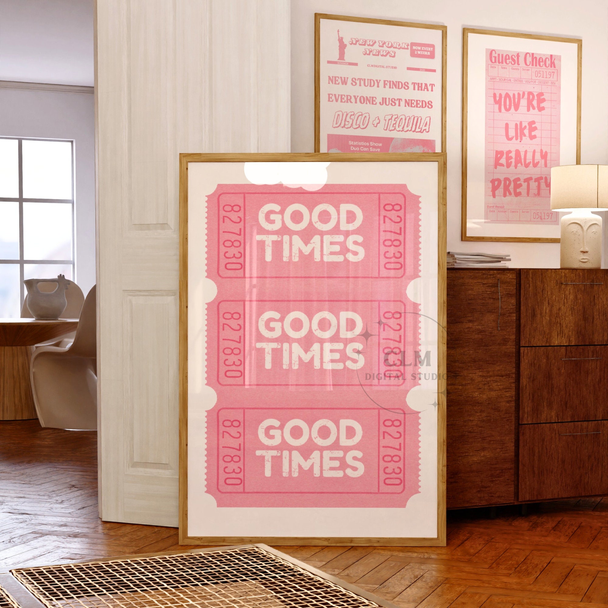 Pastel Pink Good Times Tickets Digital Prints, Trendy Girly Wall Art ...