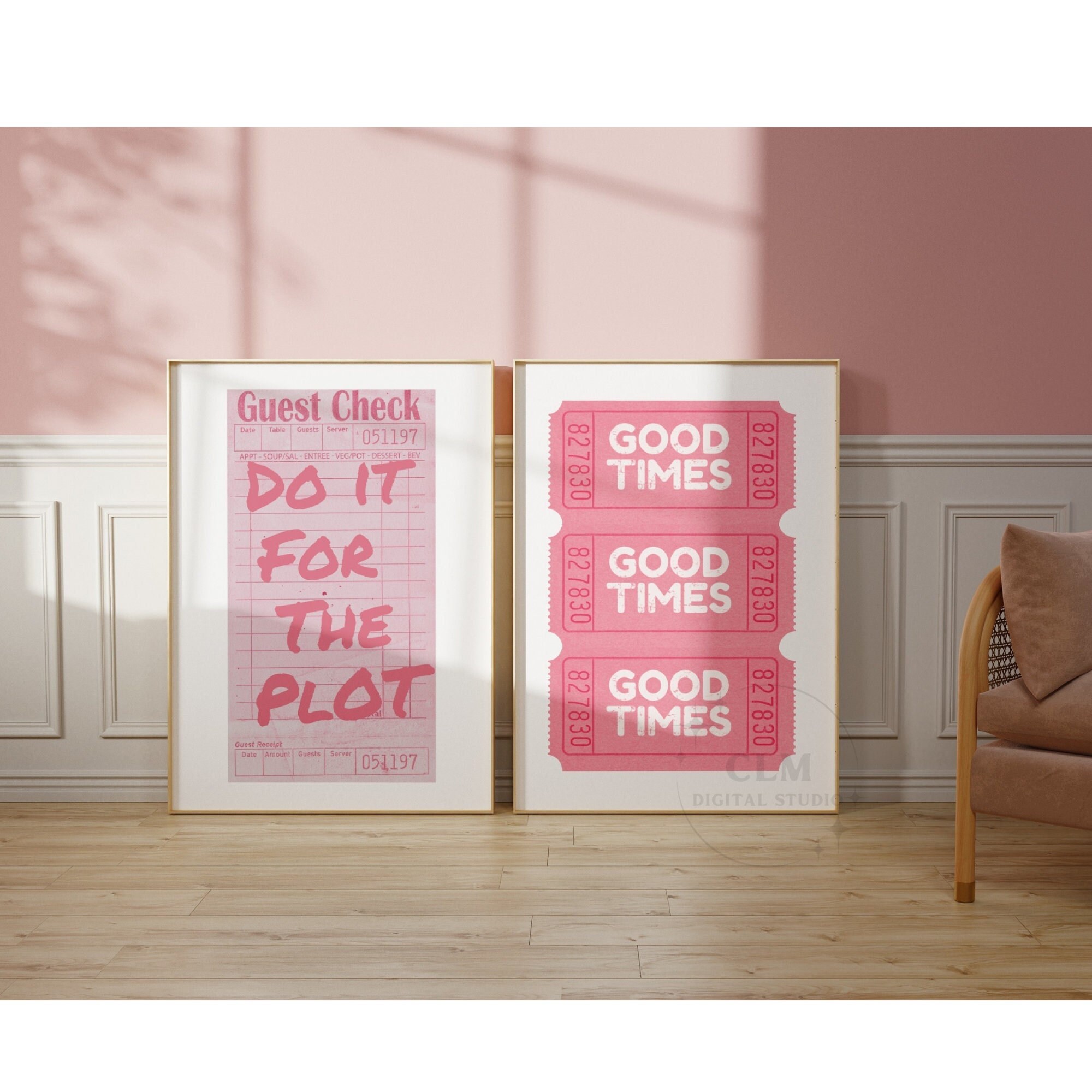 Preppy Pink Print Set of 2, Trendy Retro Bar Cart Wall Art, Good Times ...