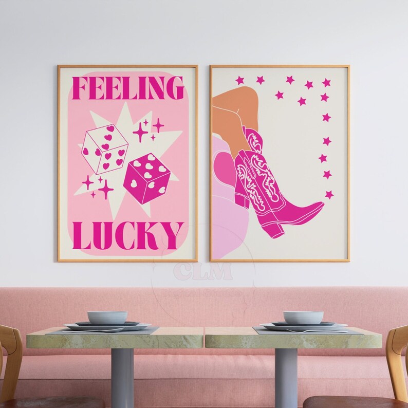 Trendy Pink Wall Art Set of 2, Feeling Lucky Cowgirl Digital Prints, Cowboy Boot Wall Art ...
