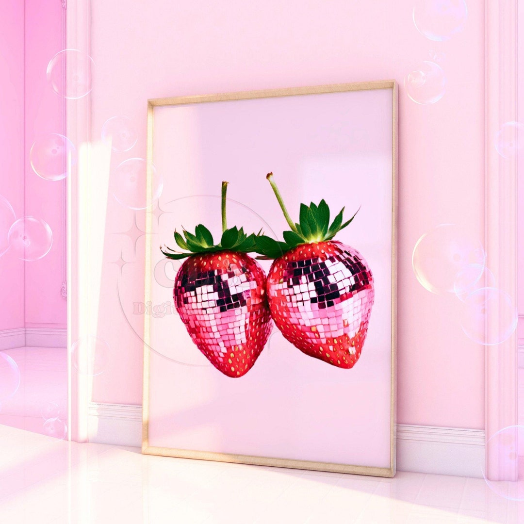 Disco Ball Dipped Strawberries Digital Print in Pastel Pink, Preppy ...