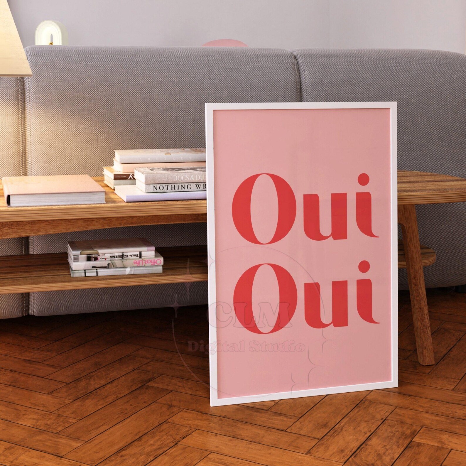 Oui Oui Typography Digital Print in Retro Pink and Red, Preppy Bar Cart ...