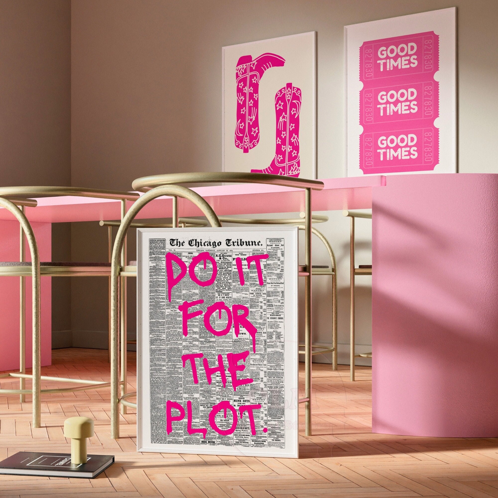 Preppy Hot Pink Digital Print, Do It for the Plot Retro Newspaper ...