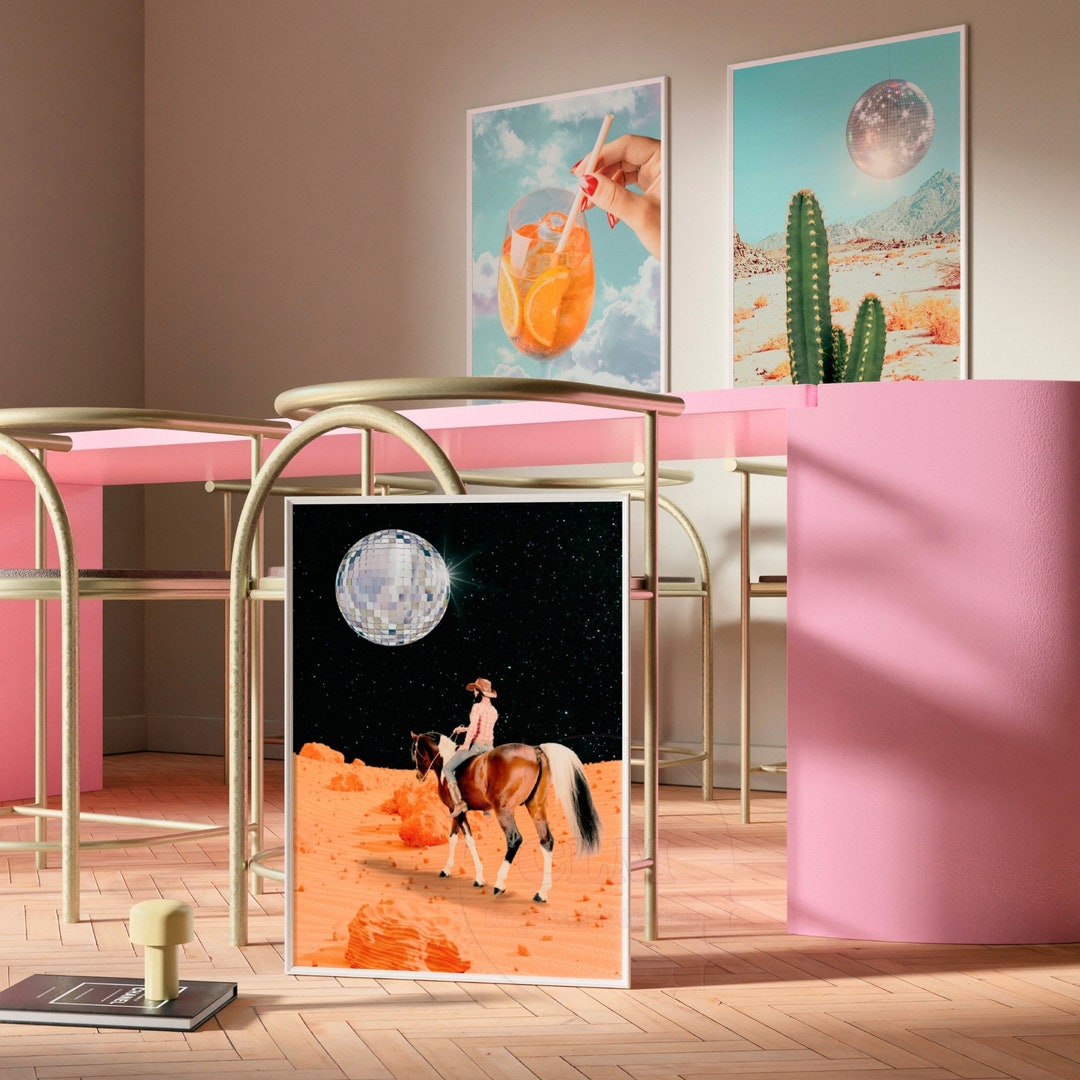 Disco Cowgirl Digital Prints, Preppy Retro Bar Cart Wall Art, Funky ...