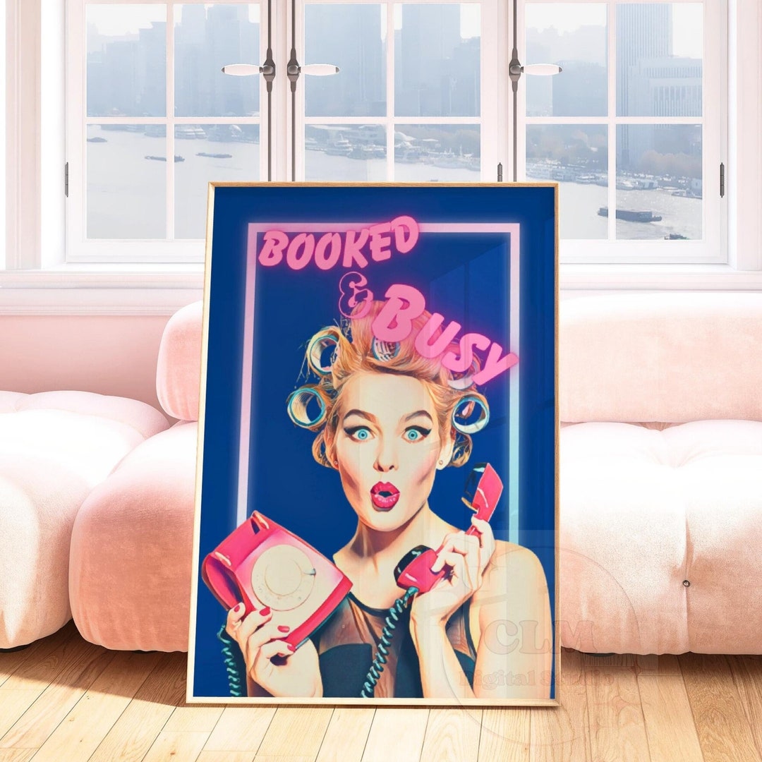 Booked and Busy Typography Digital Print in Neon Pink & Blue, Retro ...