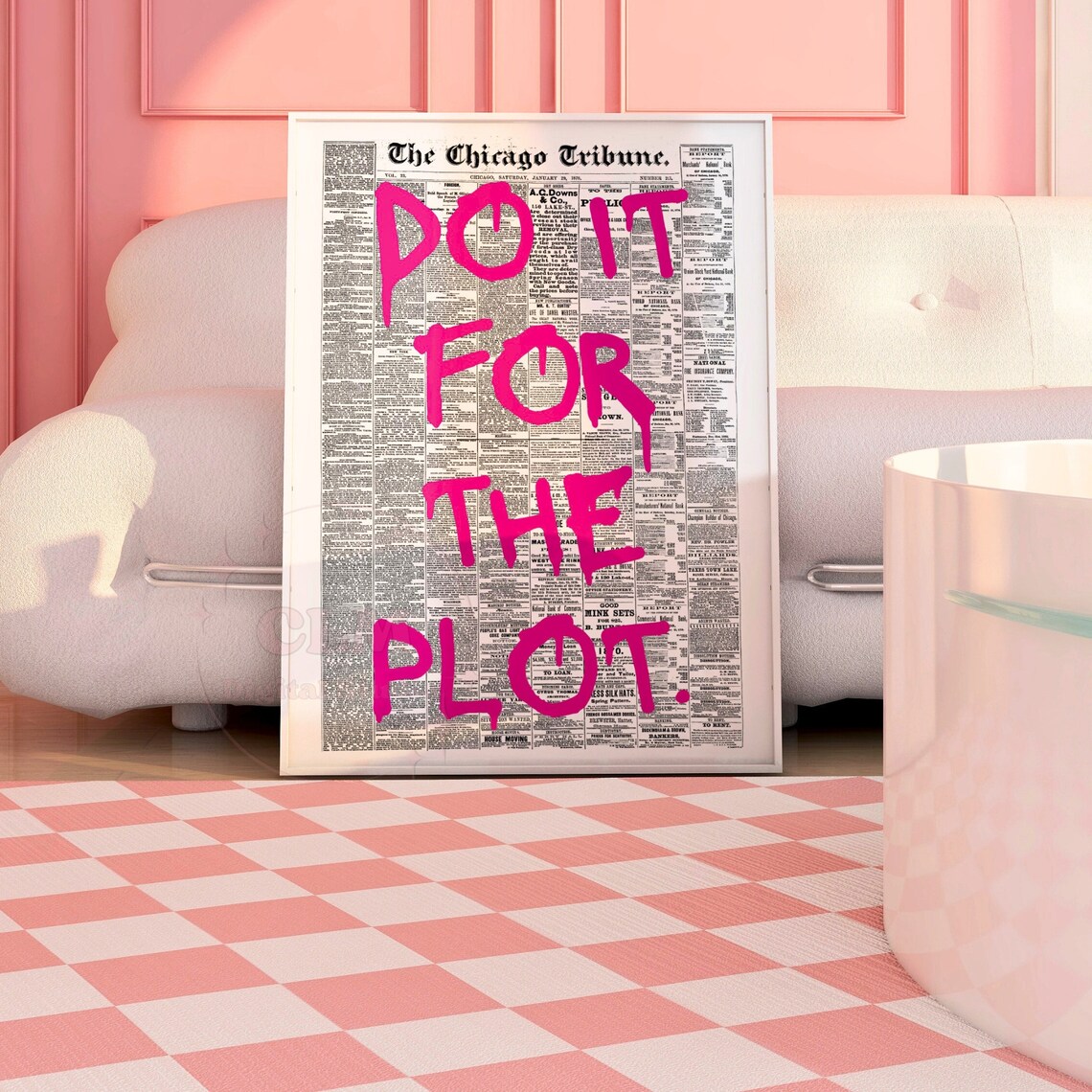 Preppy Hot Pink Digital Print, Do It for the Plot Retro Newspaper ...