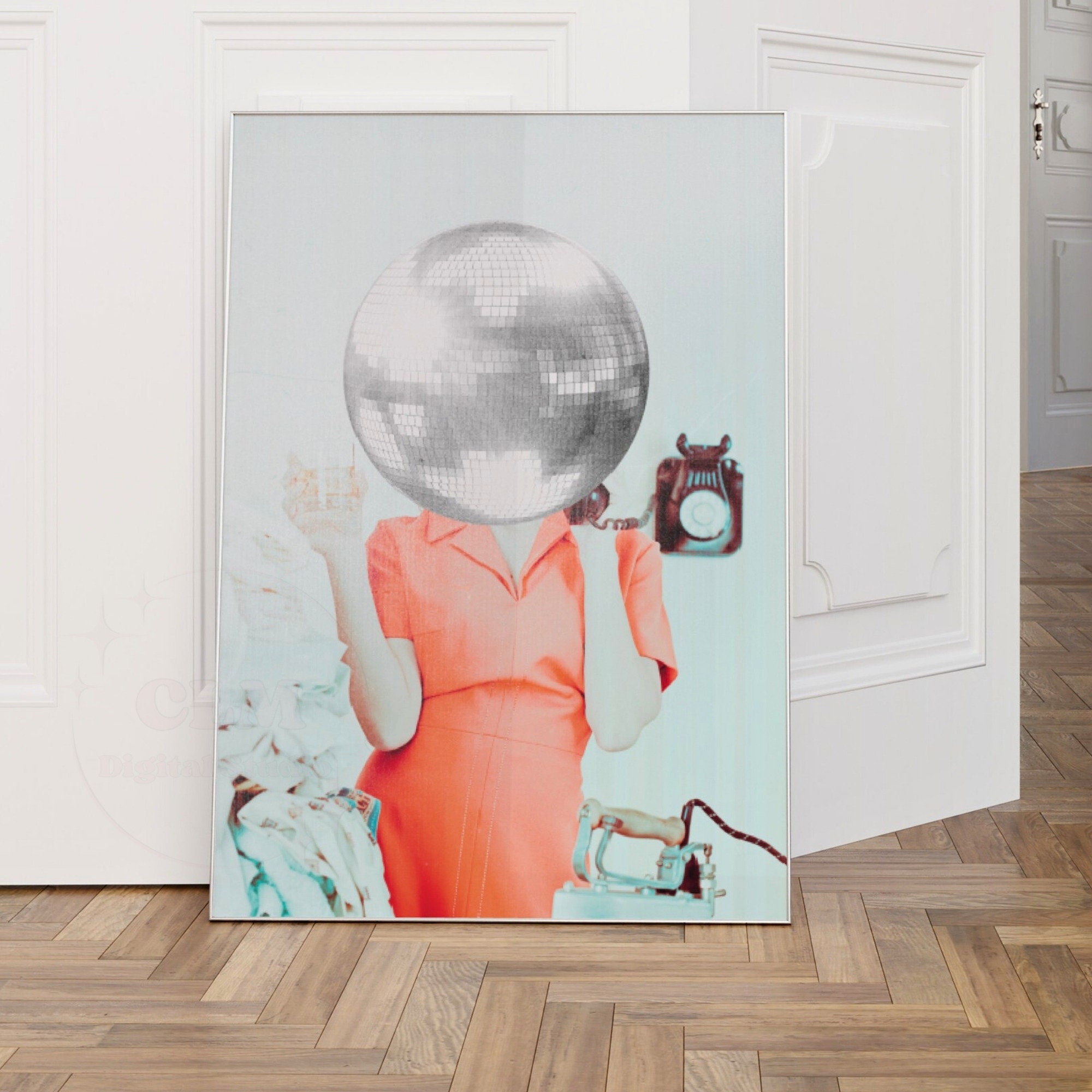 Preppy Disco Ball Digital Prints, Trendy Disco Head Print, Retro Bar ...