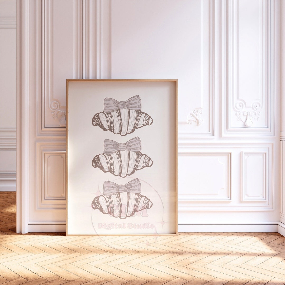 Hand Drawn Bows and Croissant Digital Print, Coquette Neutral Bow ...