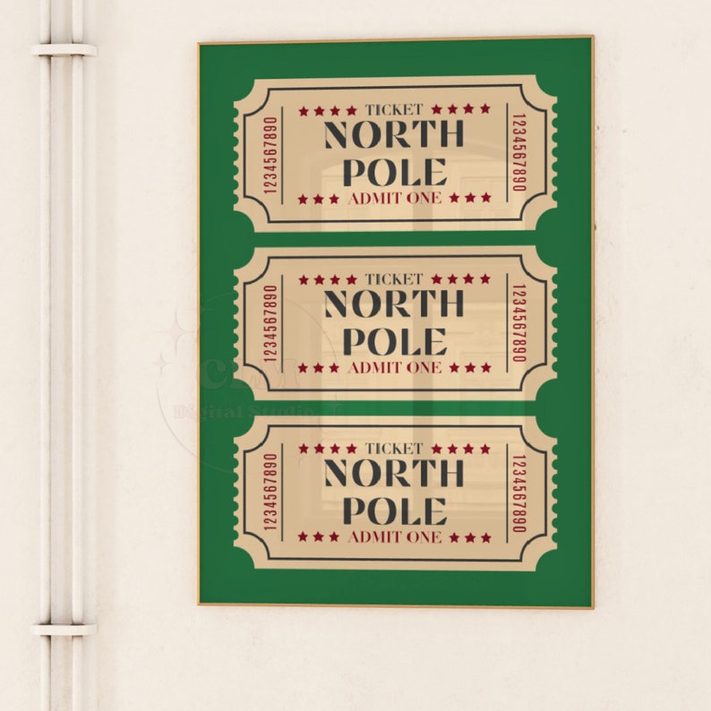 Preppy Christmas Digital Prints, North Pole Tickets in Green Printable ...