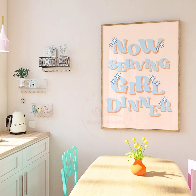 Now Serving Girl Dinner Typography Digital Print in Pastel Blue Orange ...