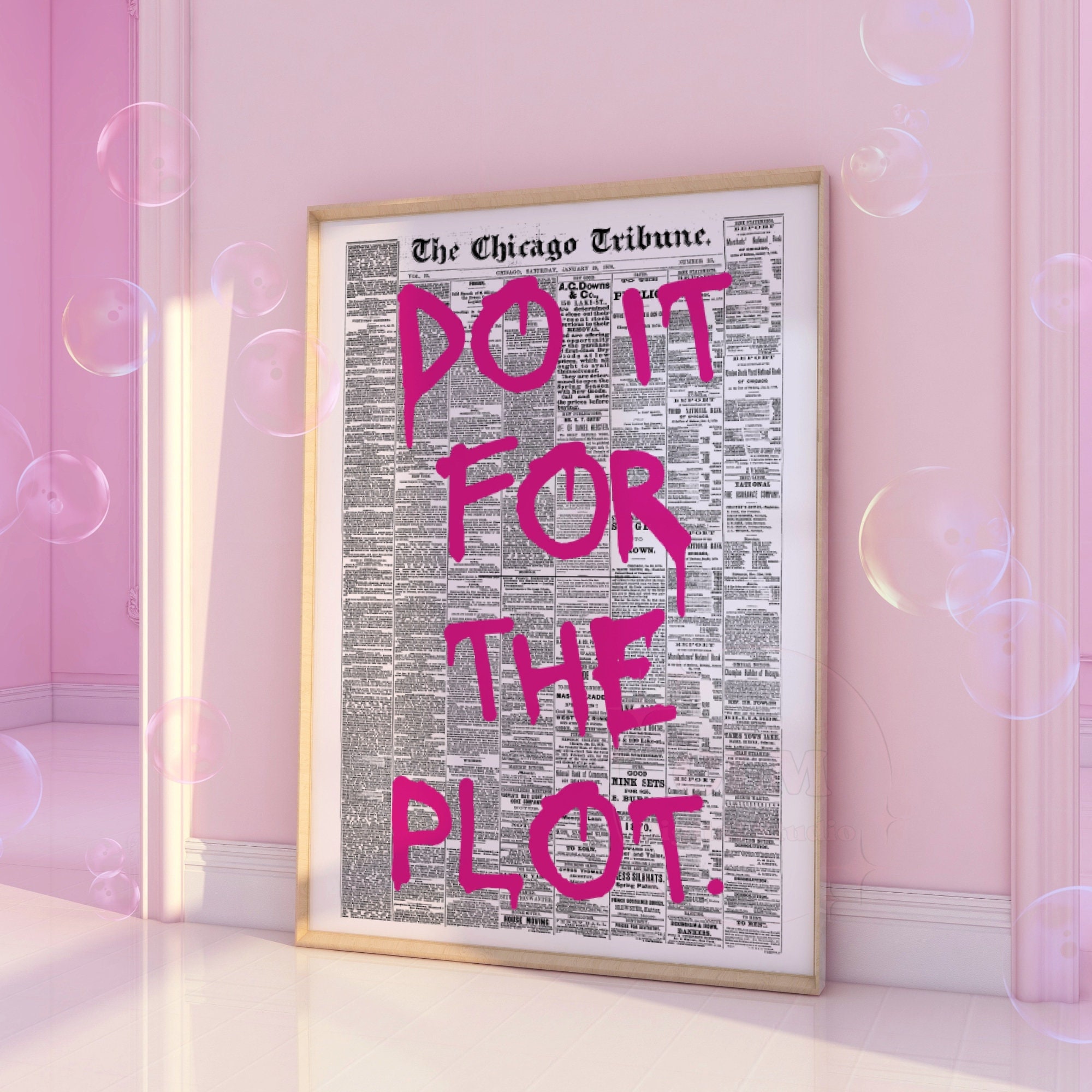 Preppy Hot Pink Digital Print, Do It for the Plot Retro Newspaper ...