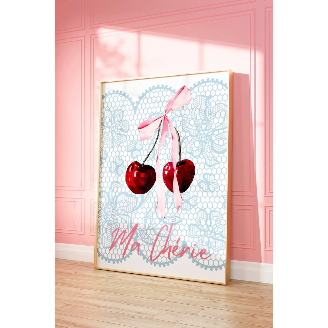 Ma Cherie Pink Ribbon Digital Print, Watercolor Cherry With Pink Bow ...