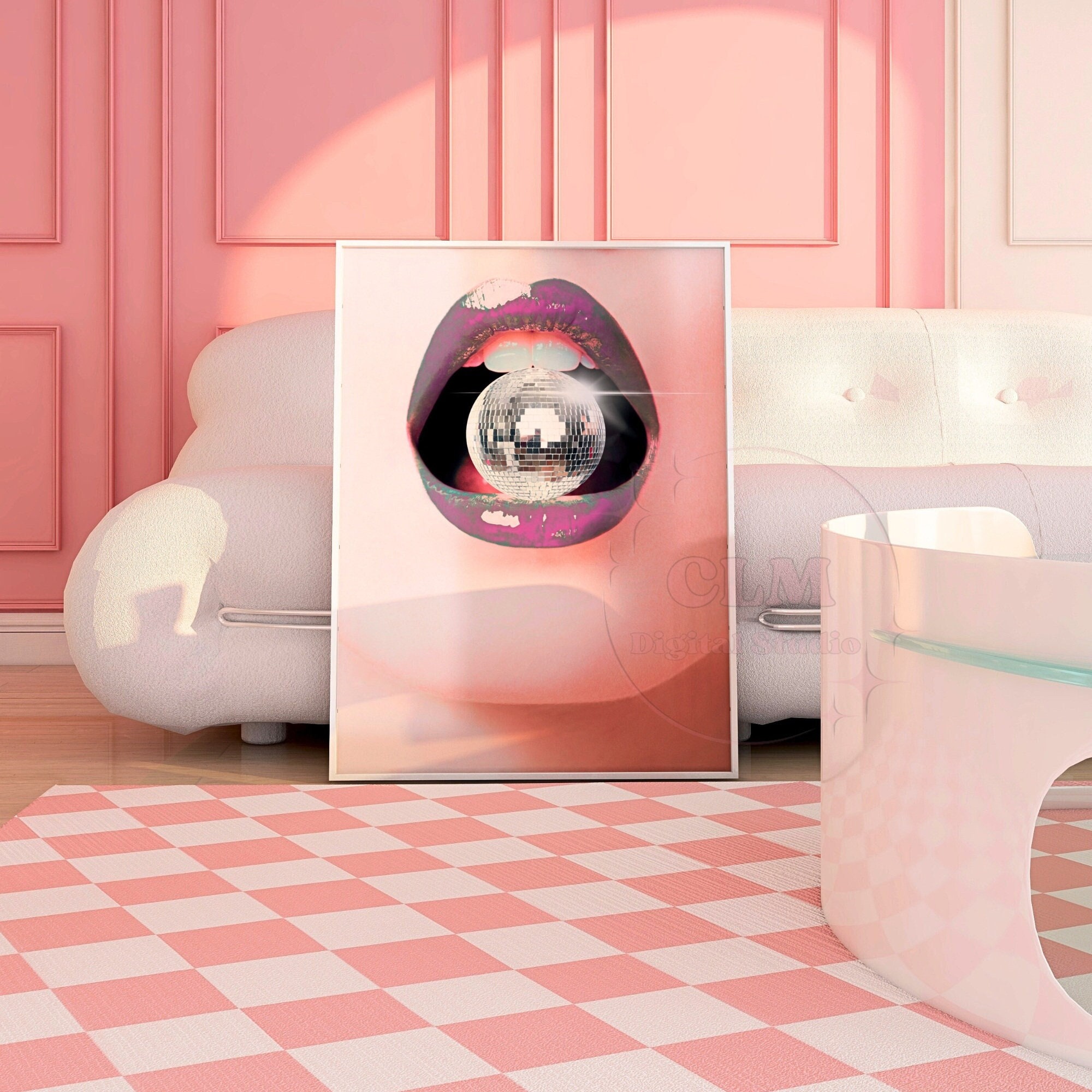 Vivid Violet Disco Ball Lips Pop Print, Trendy Wall Art Prints Retro ...