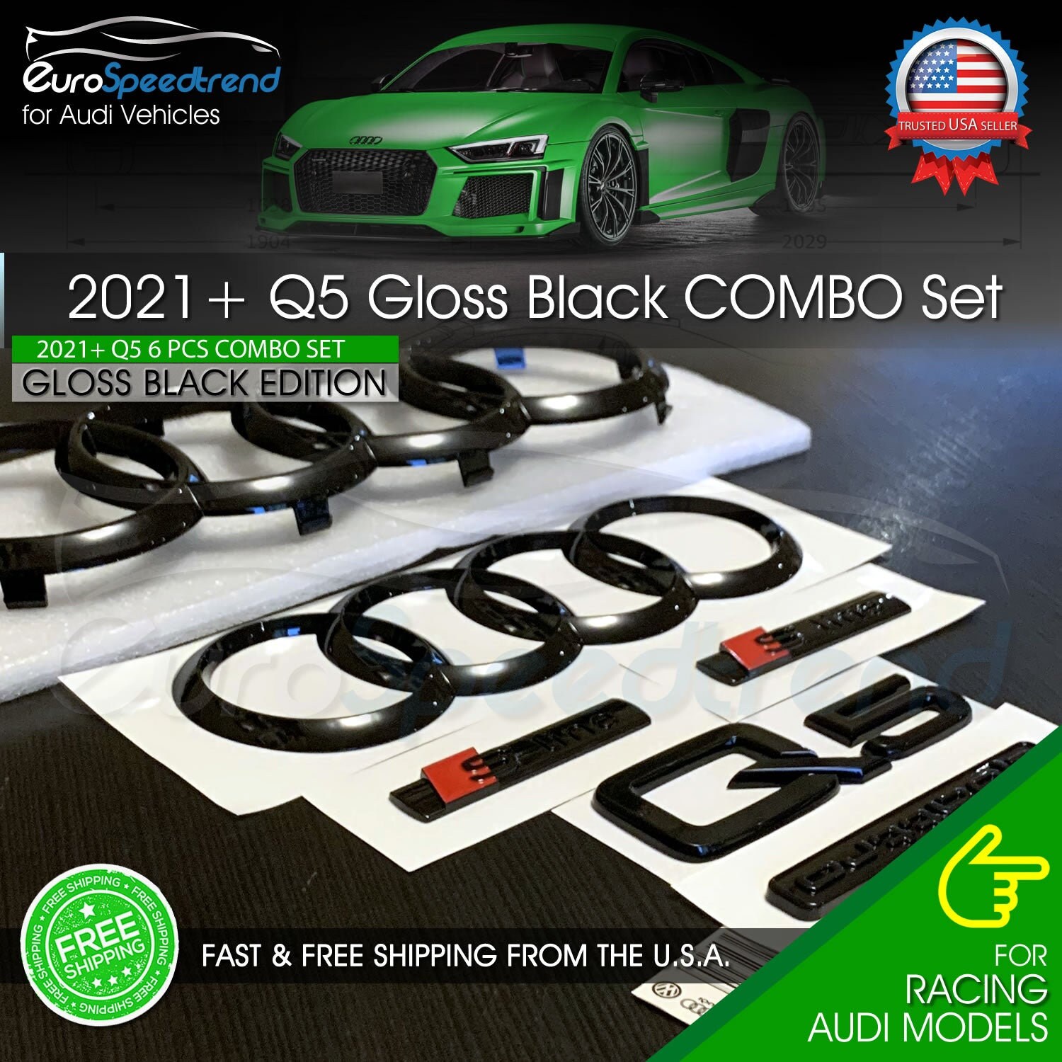 2021 Audi Q5 Emblem Gloss Black Rings Front Rear Quattro Sline Combo ...