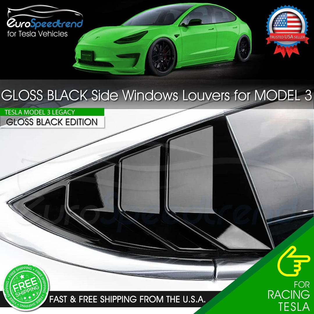For 2017-2021 Tesla Model 3 Gloss Black Rear Side Window Louver Shutter ...