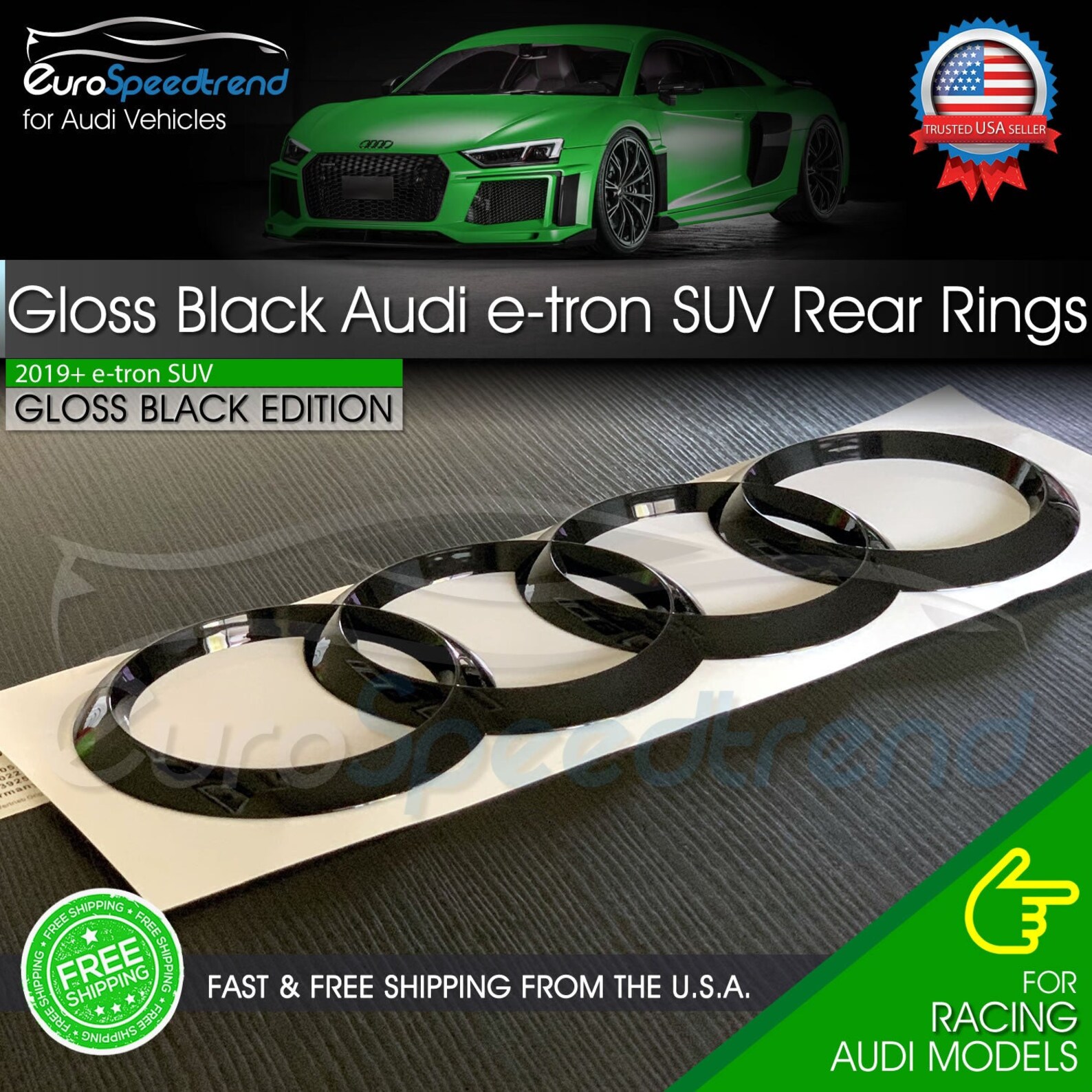 Audi Etron Rear Rings Gloss Black Emblem for E-TRON SUV Trunk Lid Badge ...