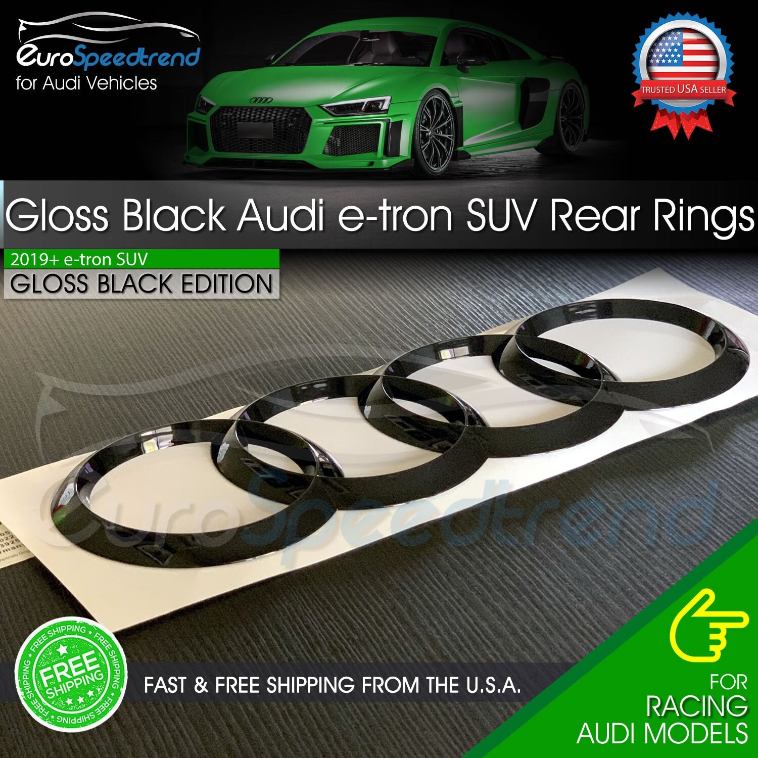 Audi Etron Rear Rings Gloss Black Emblem for E-TRON SUV Trunk Lid Badge ...