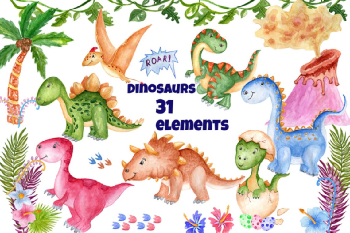 Watercolor Dinosaur Clipart, Dinosaur Clipart, Nursery Clipart, PNG ...