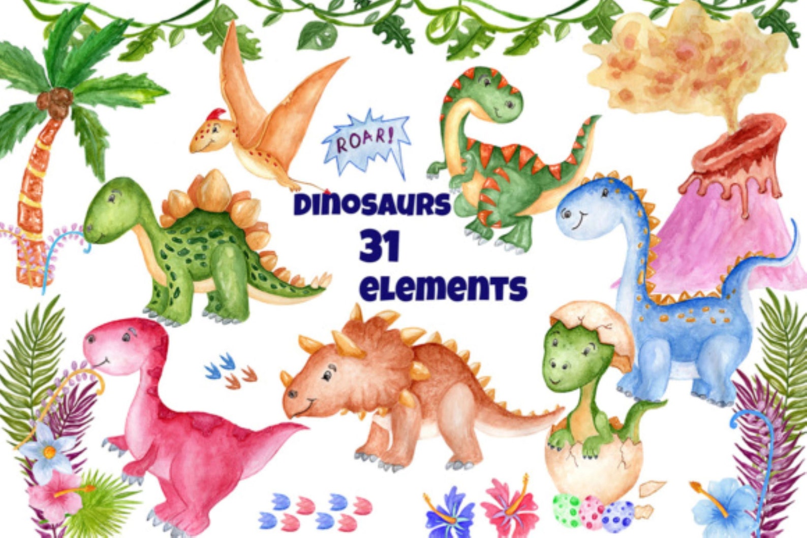 Watercolor Dinosaur Clipart, Dinosaur Clipart, Nursery Clipart, PNG ...