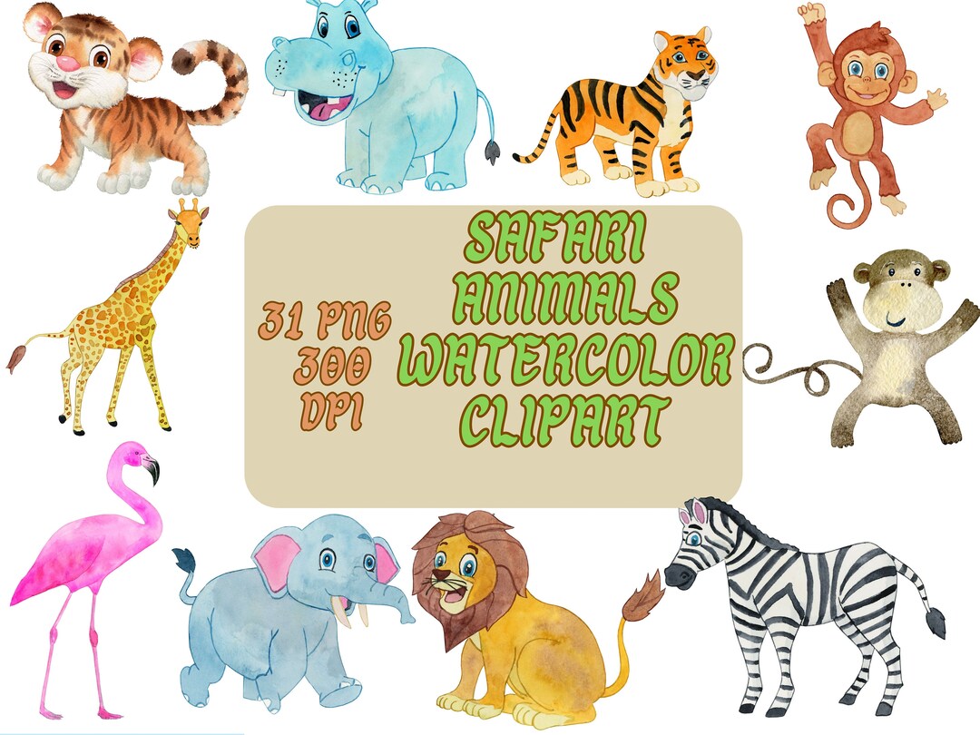 Safari Animals Watercolor Clipart, Elephant Hipo Tiger Giraffe Clip Art ...