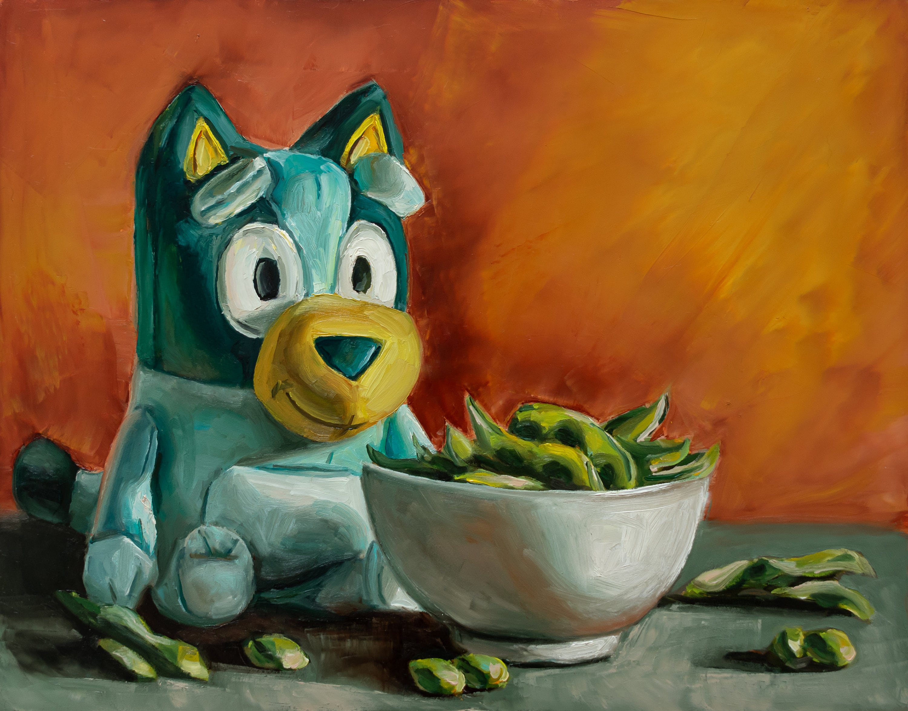 Original Framed Oil Painting: Bluey With Edamame Beans - Etsy