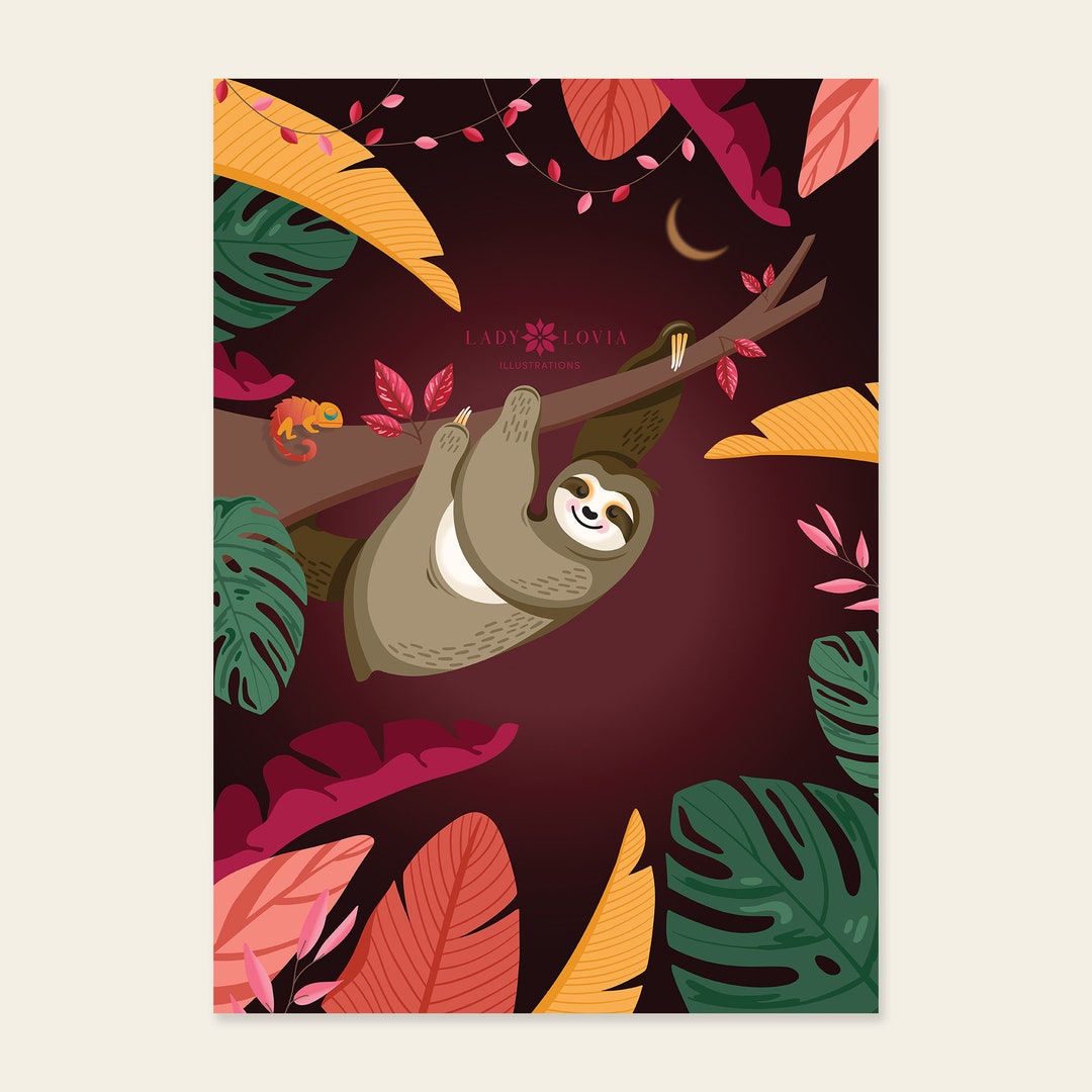Hanging Sloth Art Print, Sloth Wall Art, Nighttime Sloth Print, Sloth ...