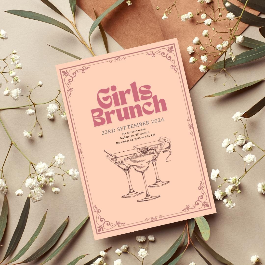 Editable Girls Brunch Invitation With Cocktails | Pink & Orange Brunch ...