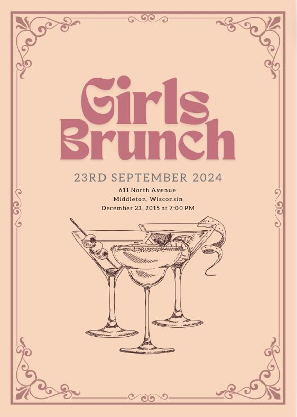 Editable Girls Brunch Invitation With Cocktails Pink & Orange Brunch ...