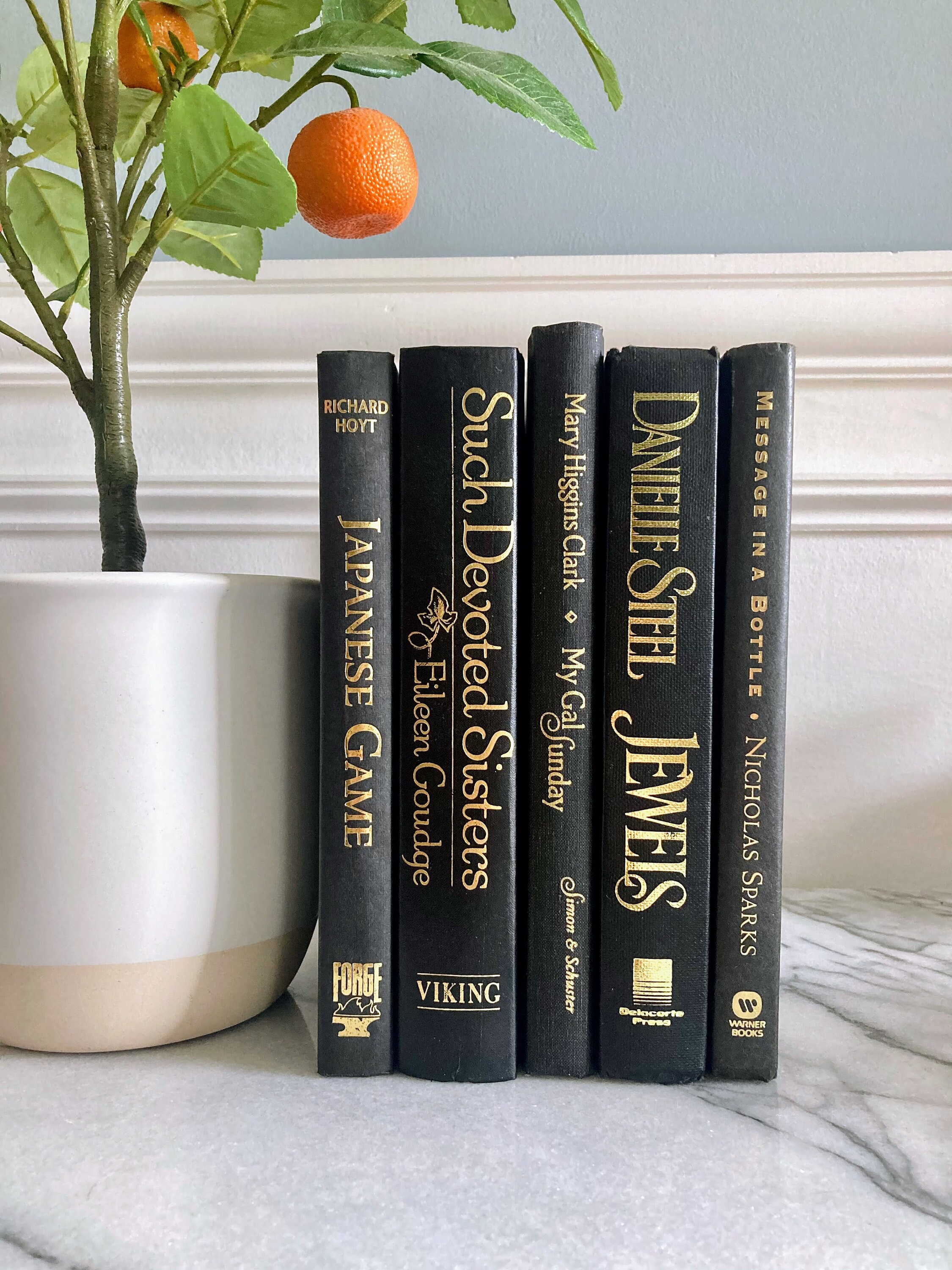 Monochromatic Black With Gold Lettering Decorative Book Set Stack ...