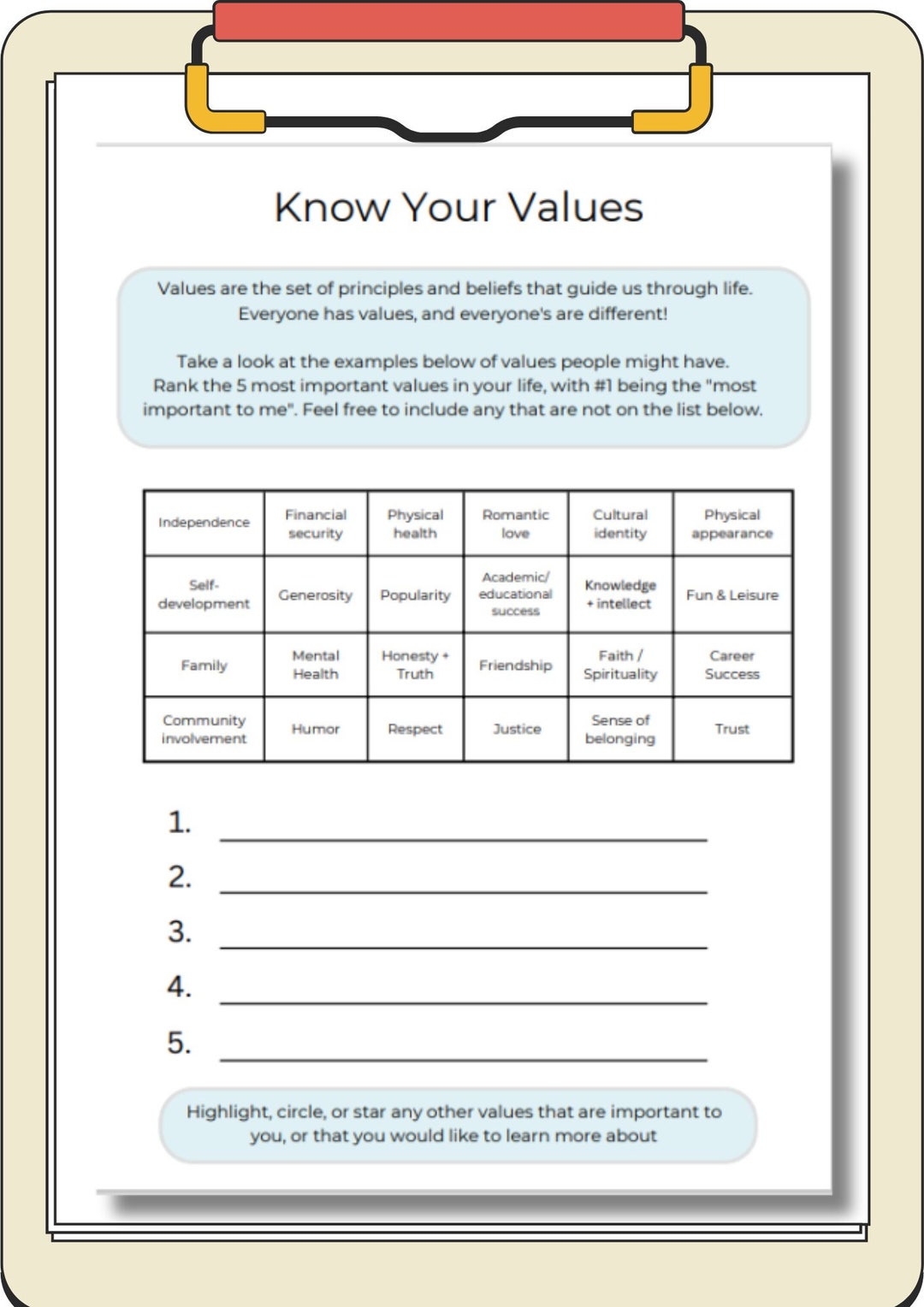 Know Your Values Self-reflection Worksheet for Kids, Teens, or Parents ...
