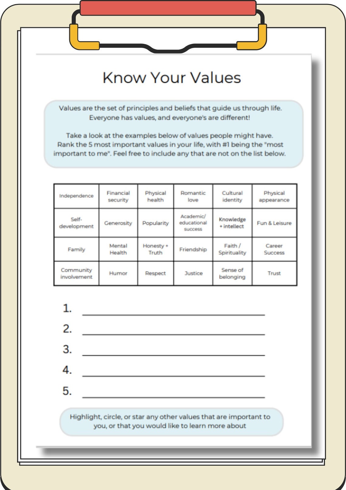Know Your Values Self-reflection Worksheet for Kids, Teens, or Parents ...