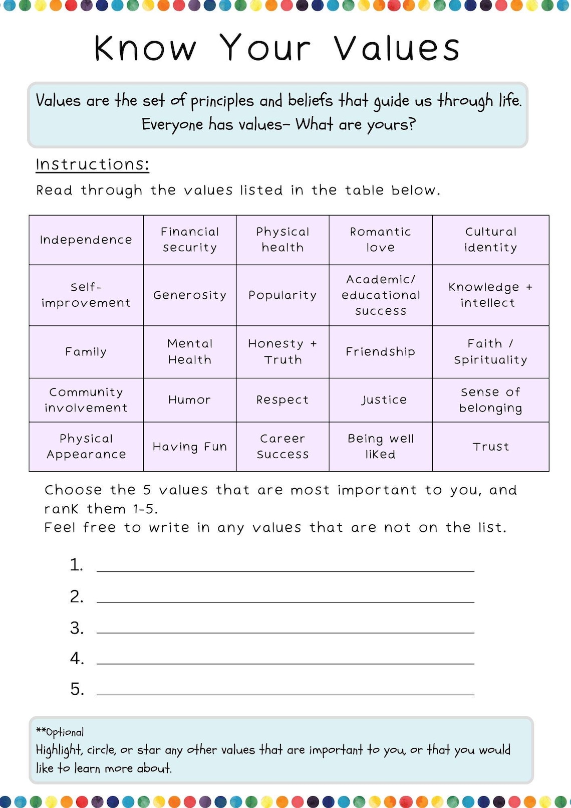 Know Your Values- Self-reflection Worksheet for Kids, Teens, or Parents ...