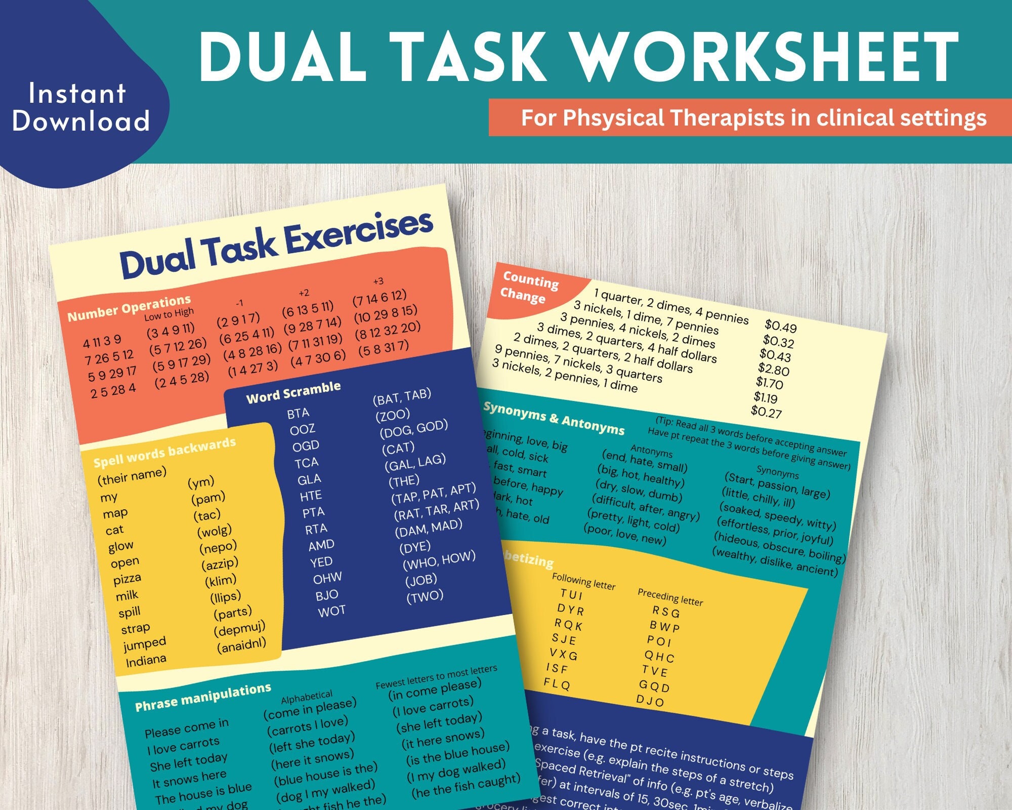 Dual Task Activities Worksheet for Increasing Cognitive Load for Physical Therapists ...