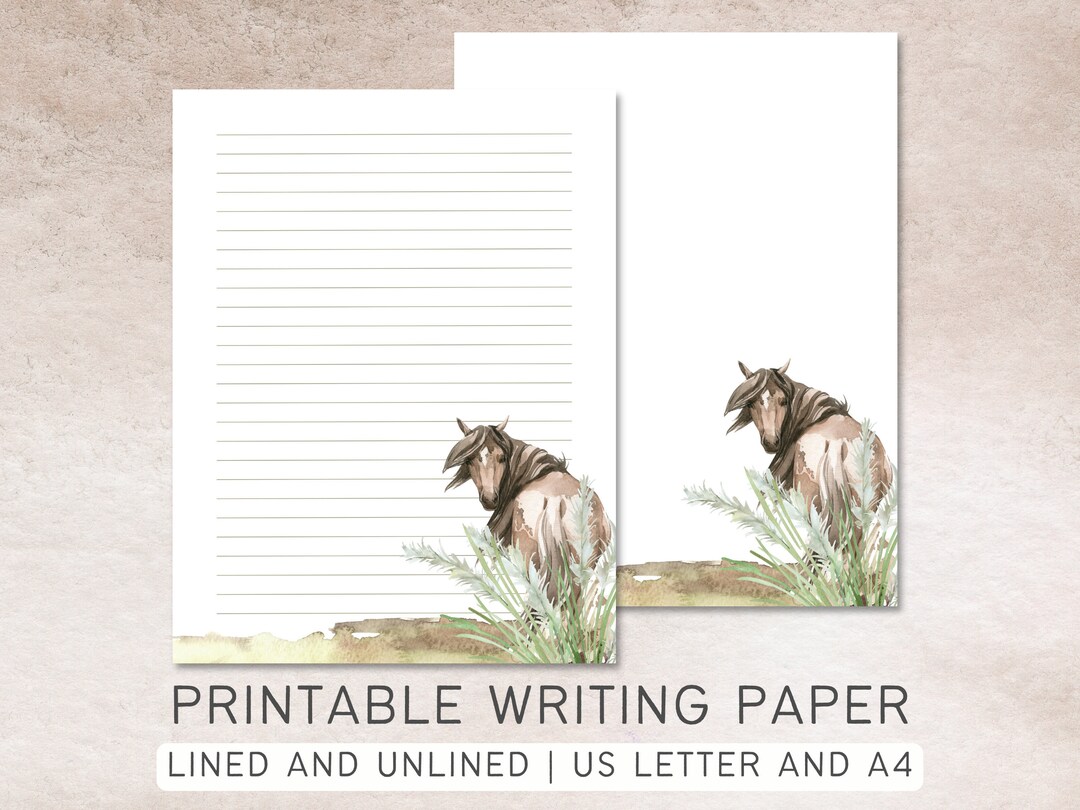Watercolor Horse Printable Stationery | US Letter 8.5x11 In, A4 | Lined ...