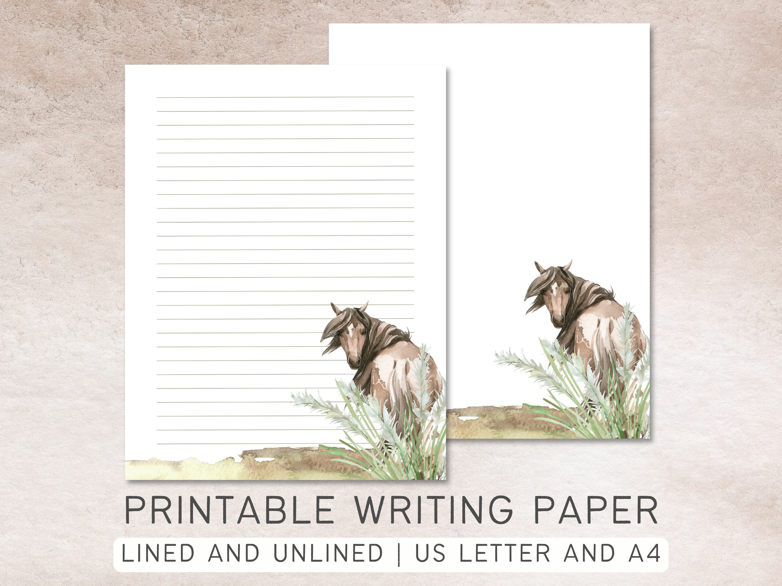 Watercolor Horse Printable Stationery | US Letter 8.5x11 In, A4 | Lined ...