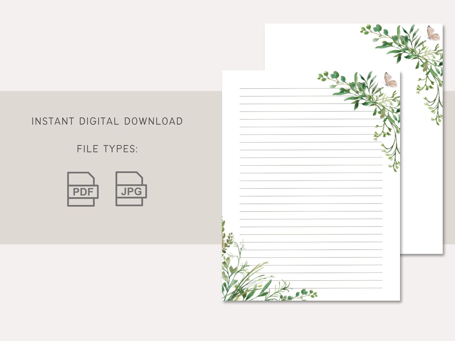 Greenery and Butterfly Printable Stationery | US Letter 8.5x11 In, A4 ...