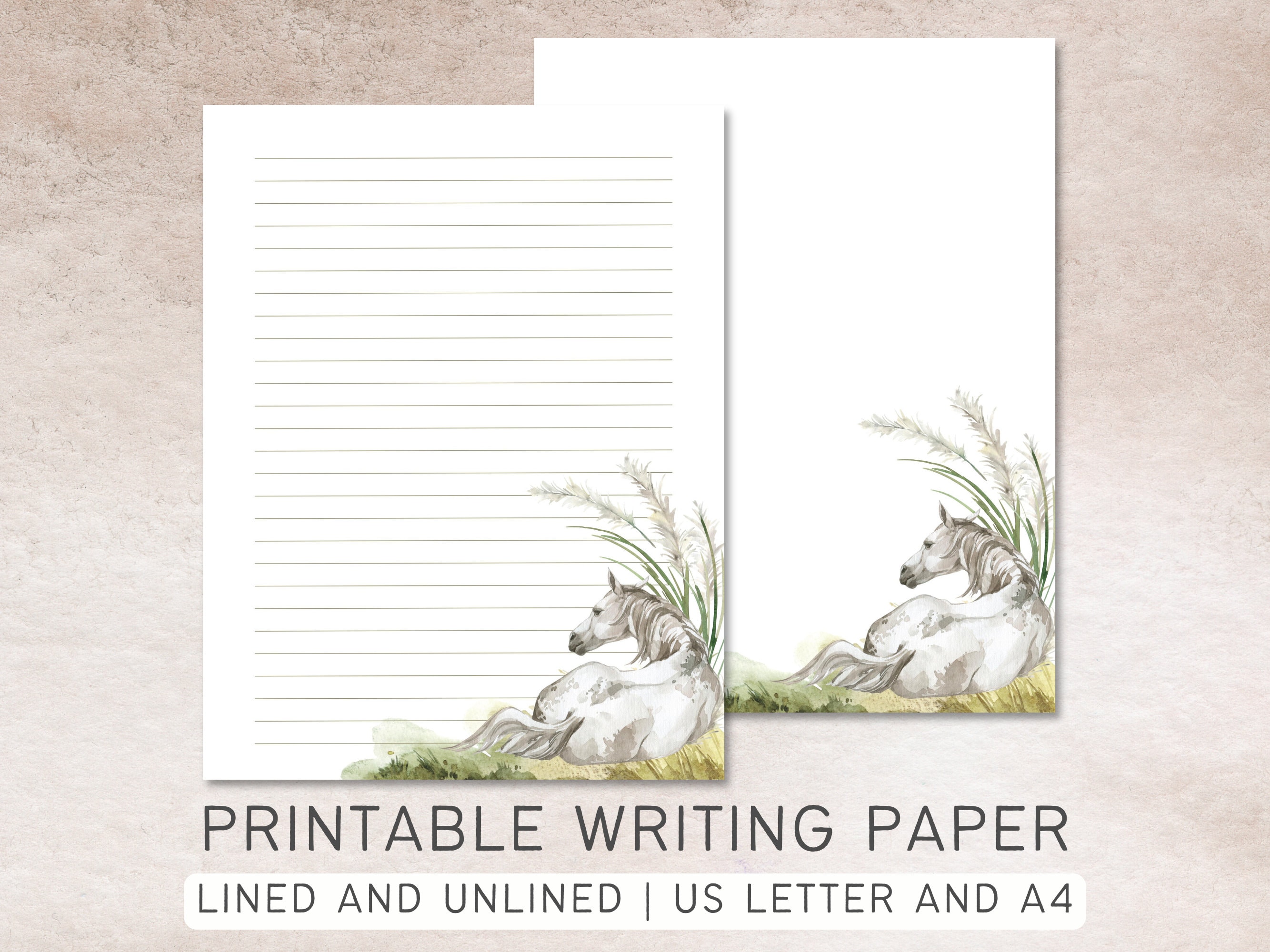 Watercolor Horse Printable Stationery | US Letter 8.5x11 In, A4 | Lined ...