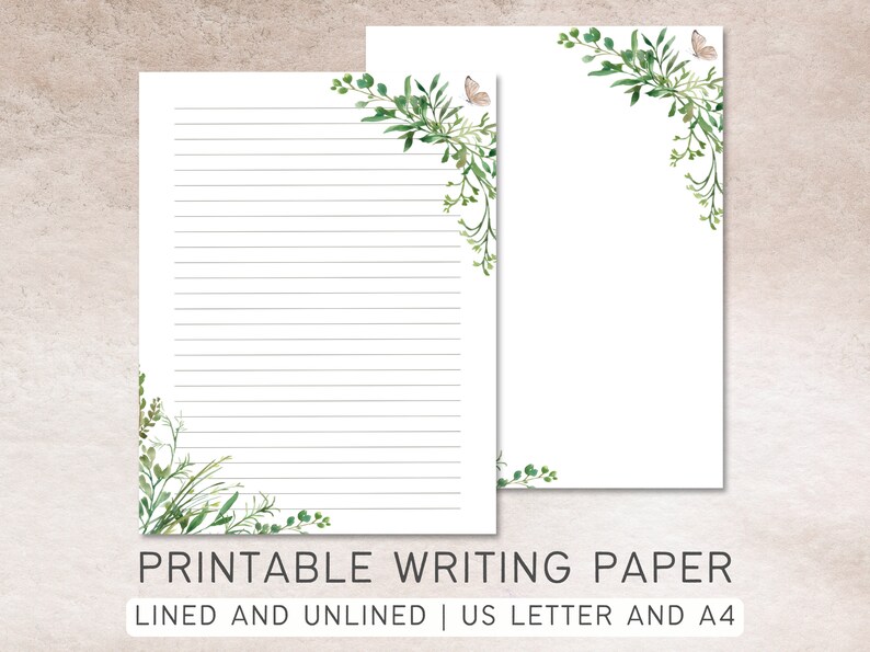 Greenery and Butterfly Printable Stationery | US Letter 8.5x11 In, A4 ...