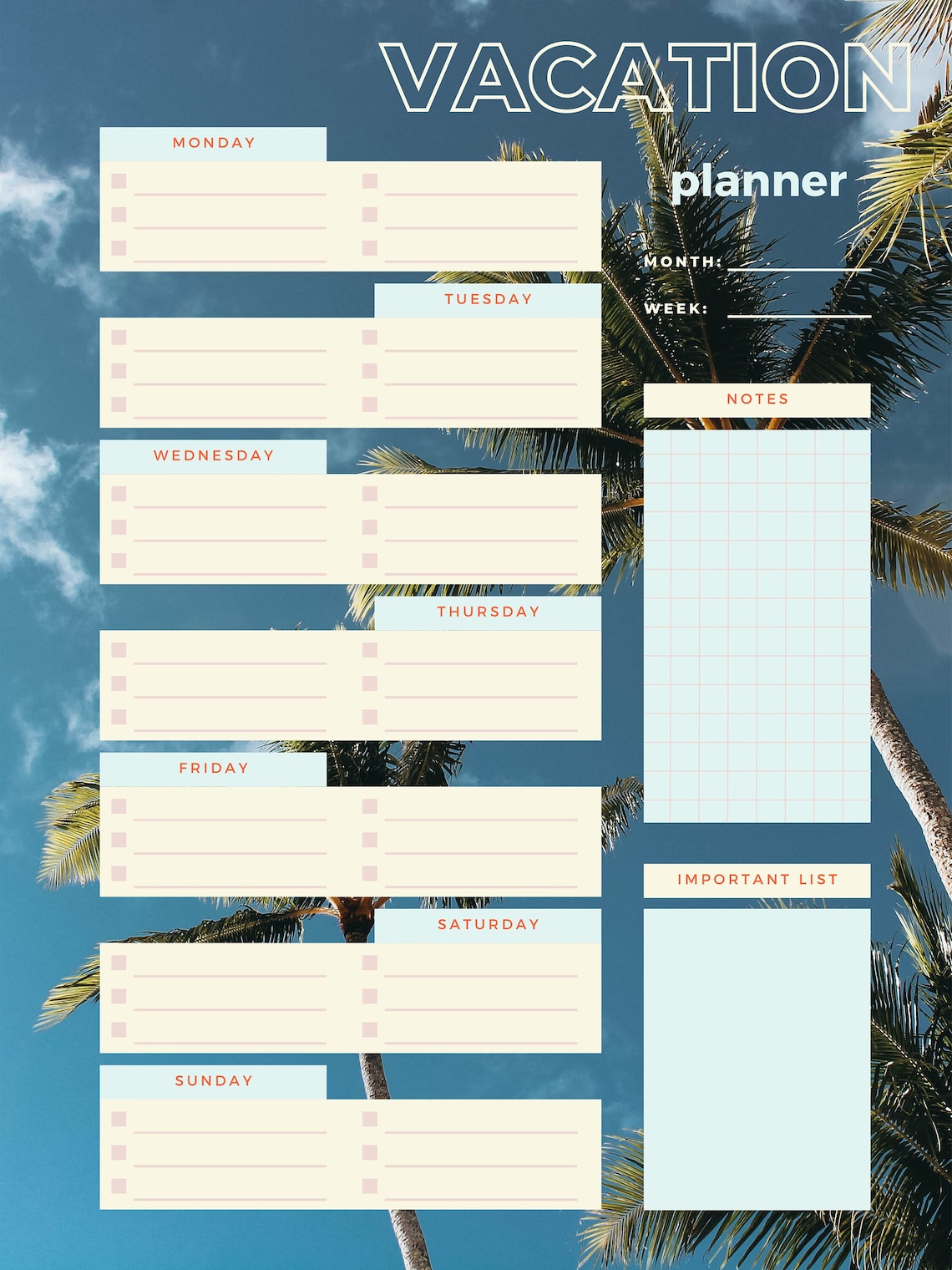 Vacation Checklist Printable Planner, Holiday Planner, to Do Vacation ...