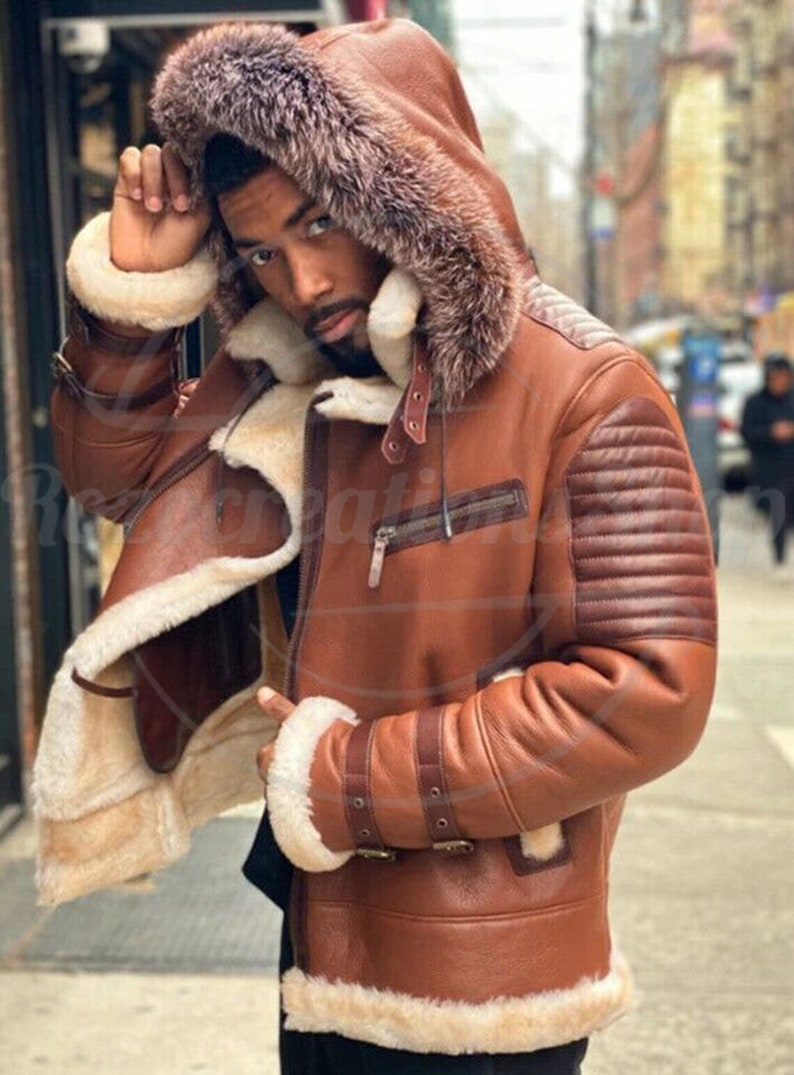 Men RAF Aviator Bomber B3 Sheep Skin Fur Collar Hooded Real Leather ...