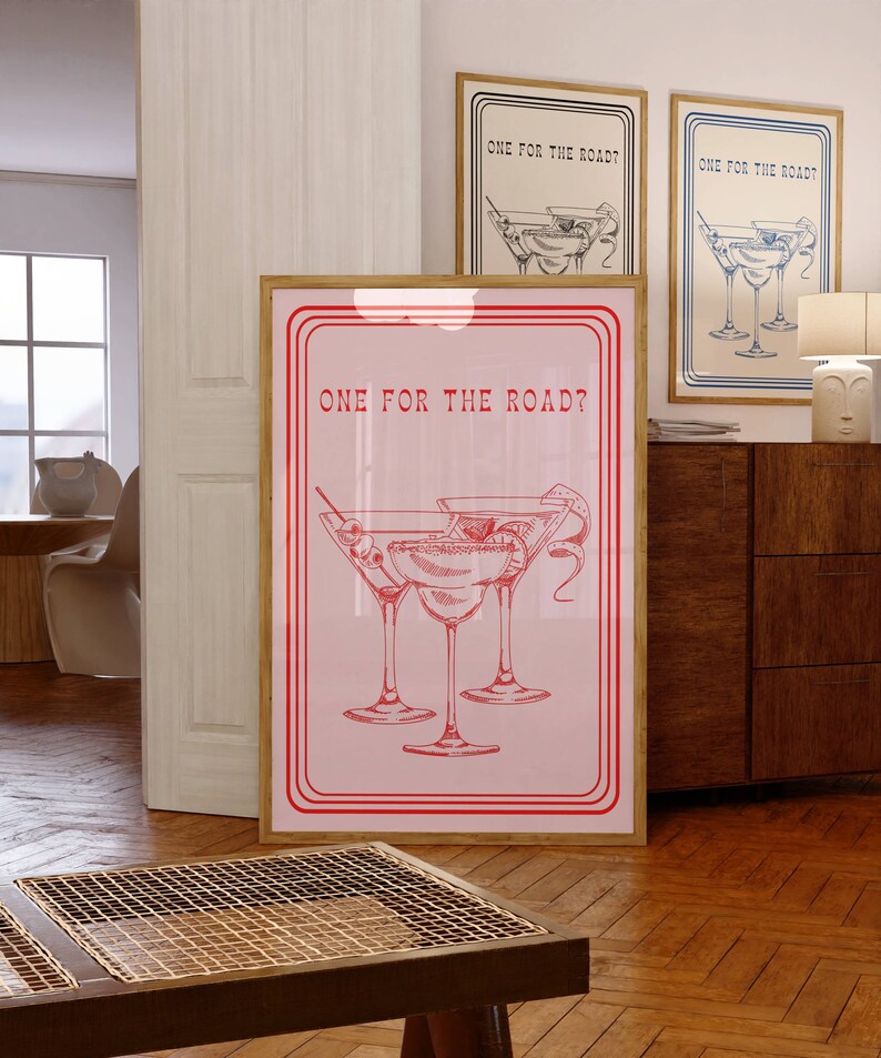 Trendy Wall Art Print Blue Retro Poster One for the Road Bar Cart ...