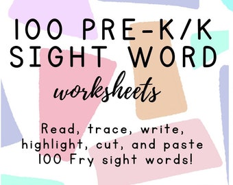 Pre-k Sight Words Printable Worksheets Fry's 100 - Etsy