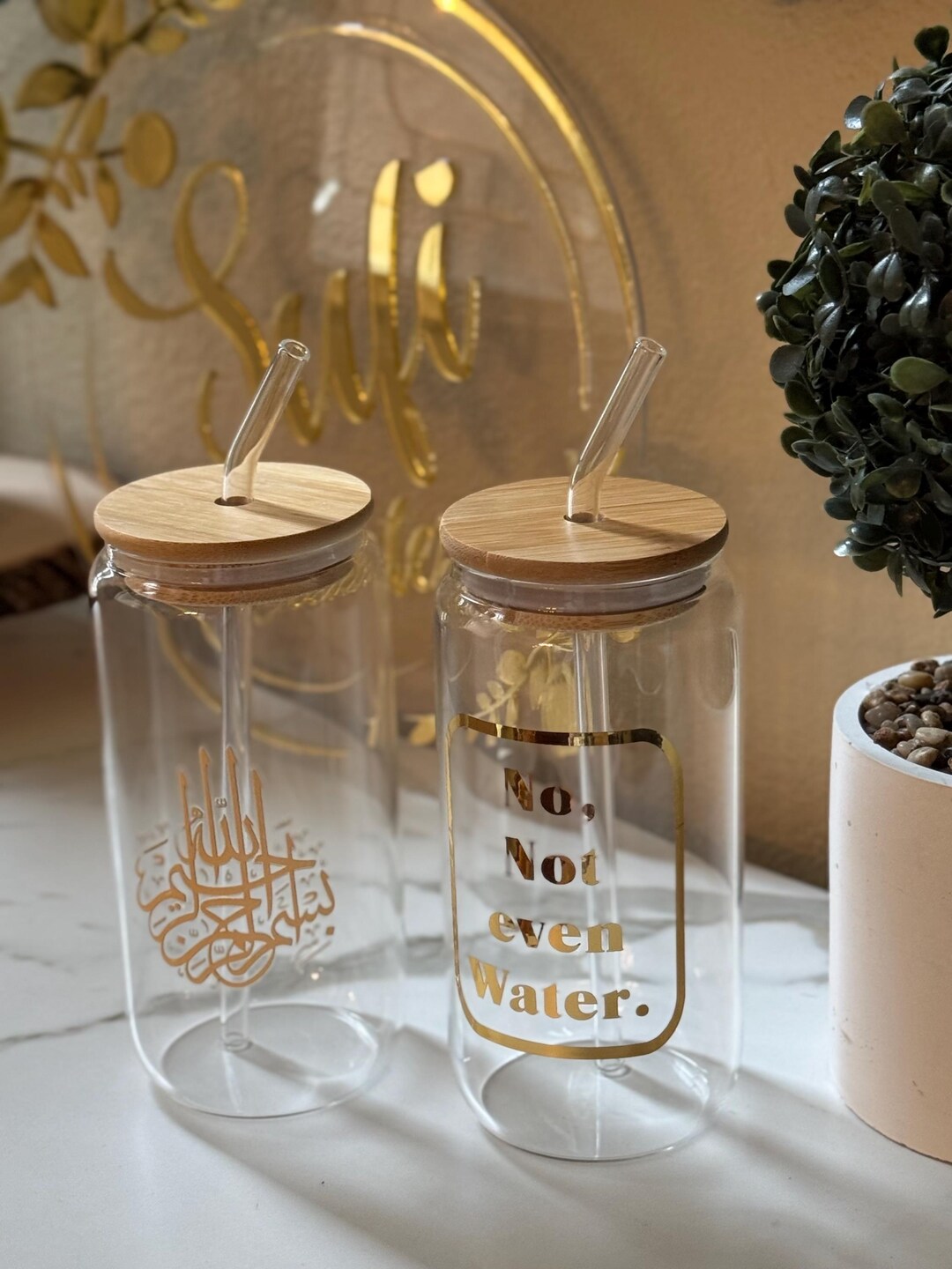 Custom Glass Cups With Bamboo Lids and Glass Straws | Ramadan Gift ...