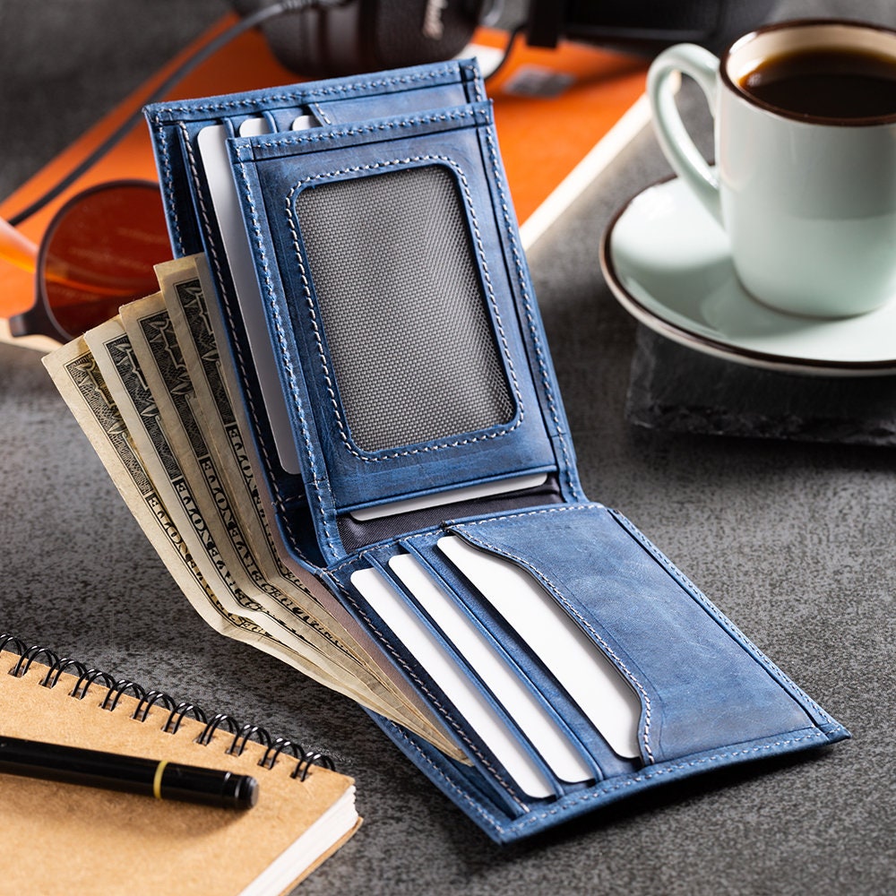 Personalized Gift for Him, Full Grain Leather Mens Wallet, Bifold Blue ...