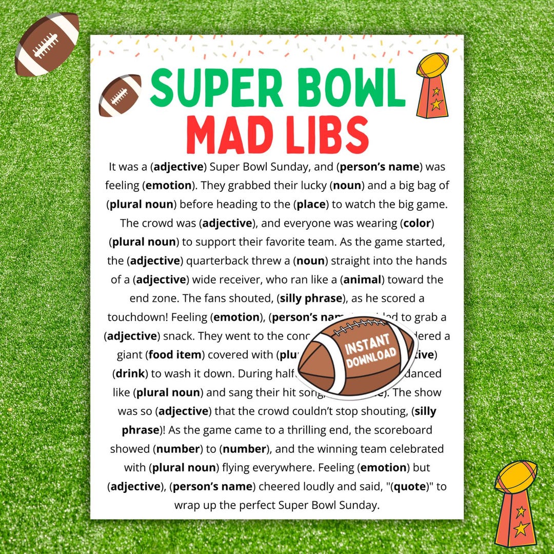 Super Bowl Mad Libs Game Super Bowl 59 Games Printable Super Bowl Game ...