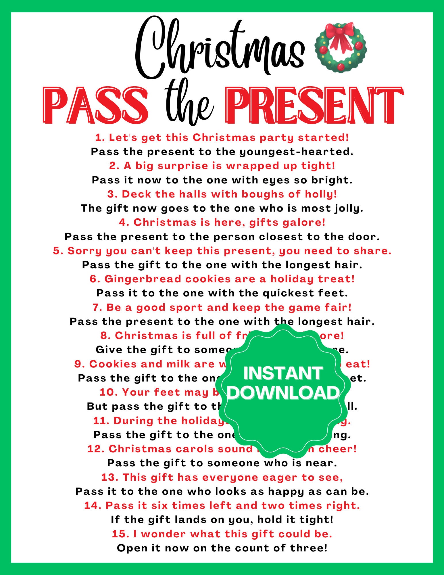 Christmas Games | Pass the Prize Printable | Pass the Present Game ...