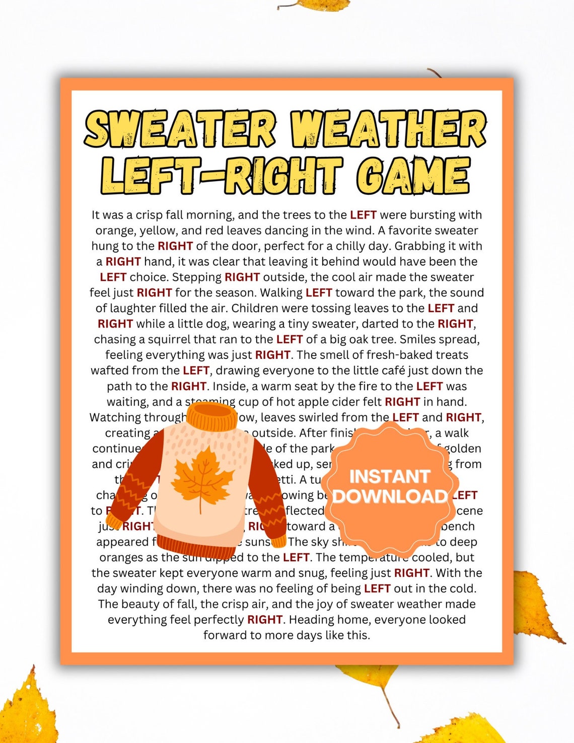 Fall Left-right Game L Fall Printable Games L Left-right Fall Game L ...