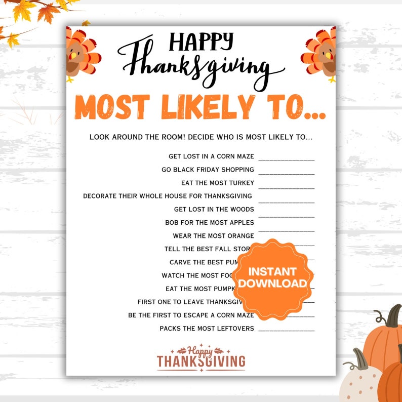 Thanksgiving Most Likely to | Thanksgiving Party Games | Thanksgiving ...