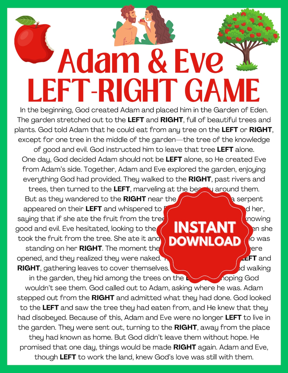Bible Left-right Game L Adam and Eve Story Game L Sunday School Church ...