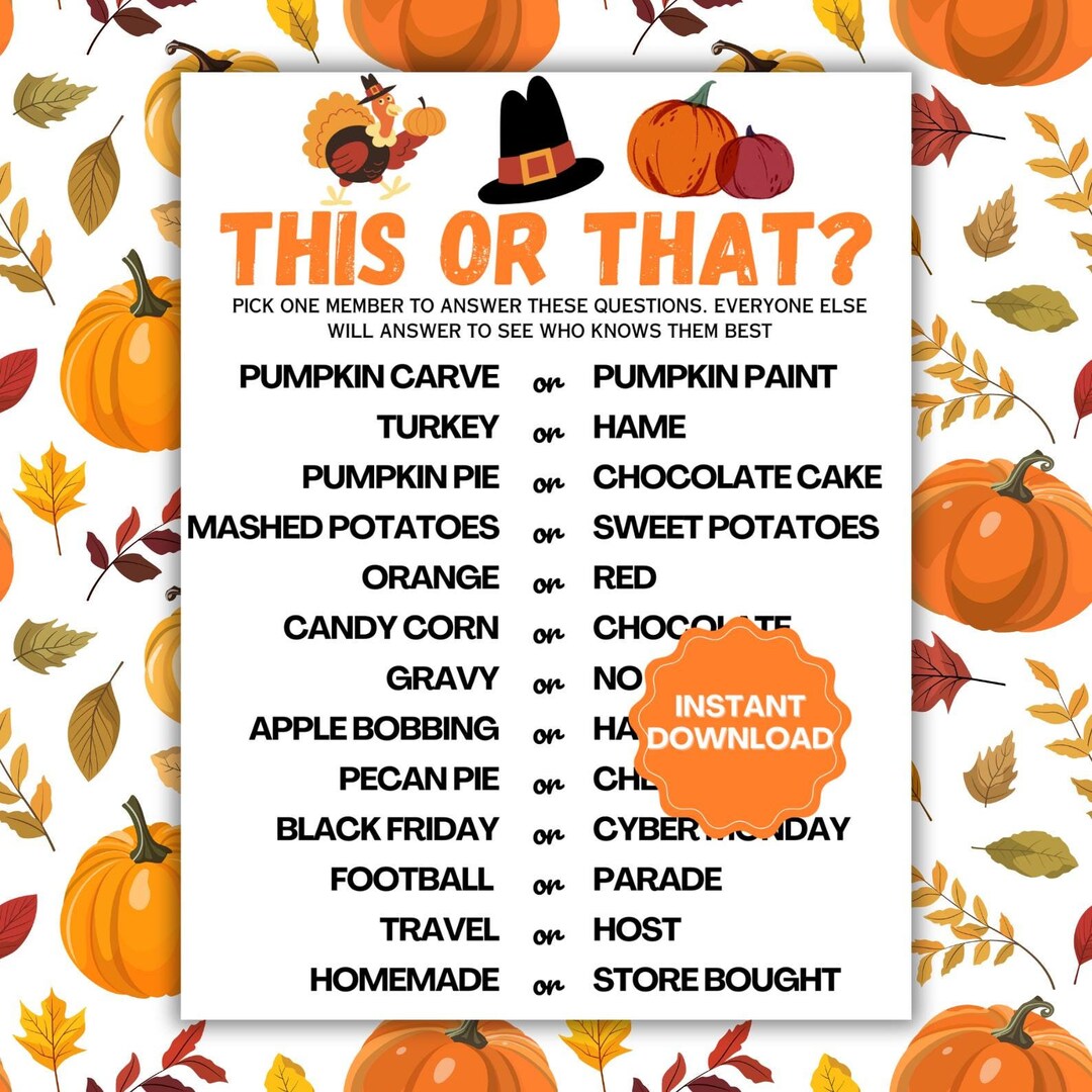 Thanksgiving Party Games | Thanksgiving This or That | Printable ...