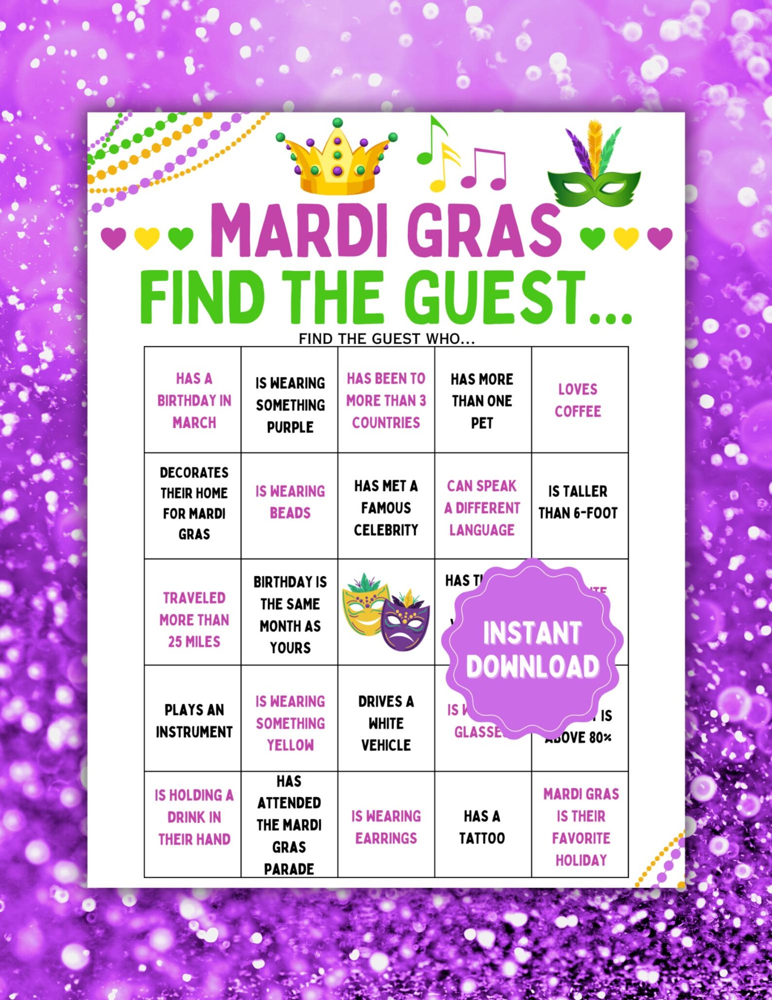 Mardi Gras Bingo Game L Fun Mardi Gras Game L Printable Mardi Gras Game ...